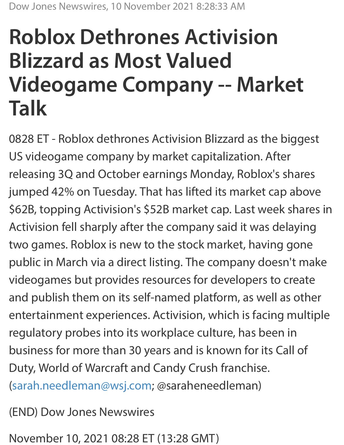 Roblox destrona a Activision Blizzard como la compañía de videojuegos ...