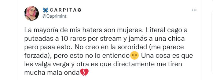 La streamer Caprimint cuenta que la mayoría de sus haters son mujeres y ...