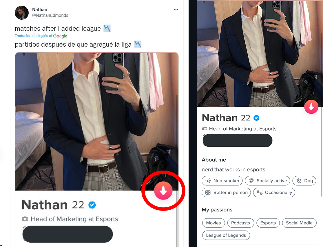 Puso League of Legends como una de sus “pasiones" en Tinder y sus match ...