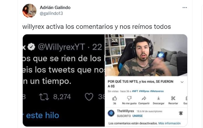 Willyrex cuenta que perdió toda su inversión con la caída de los NFT ...