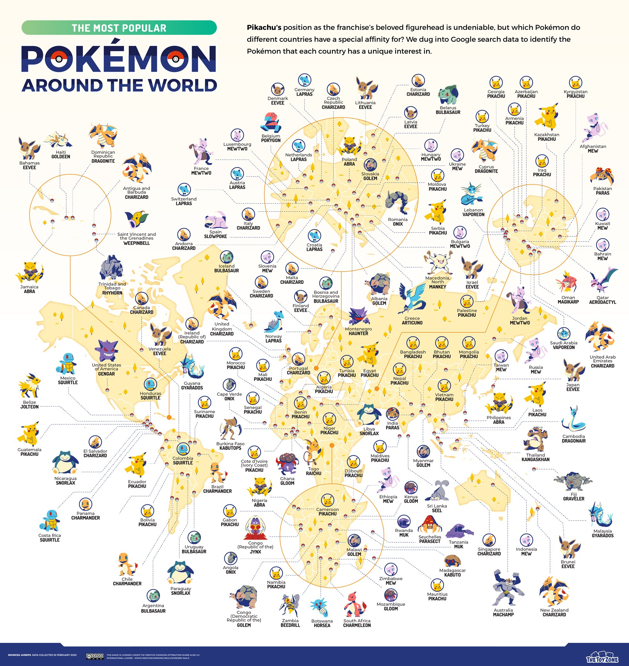 Muestran un mapa con los Pokémon más populares en cada país del mundo ...